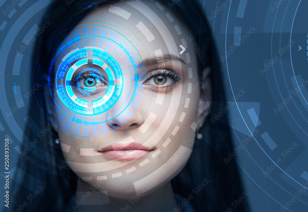 Beautiful woman head, face recognition hud Stock Photo | Adobe Stock