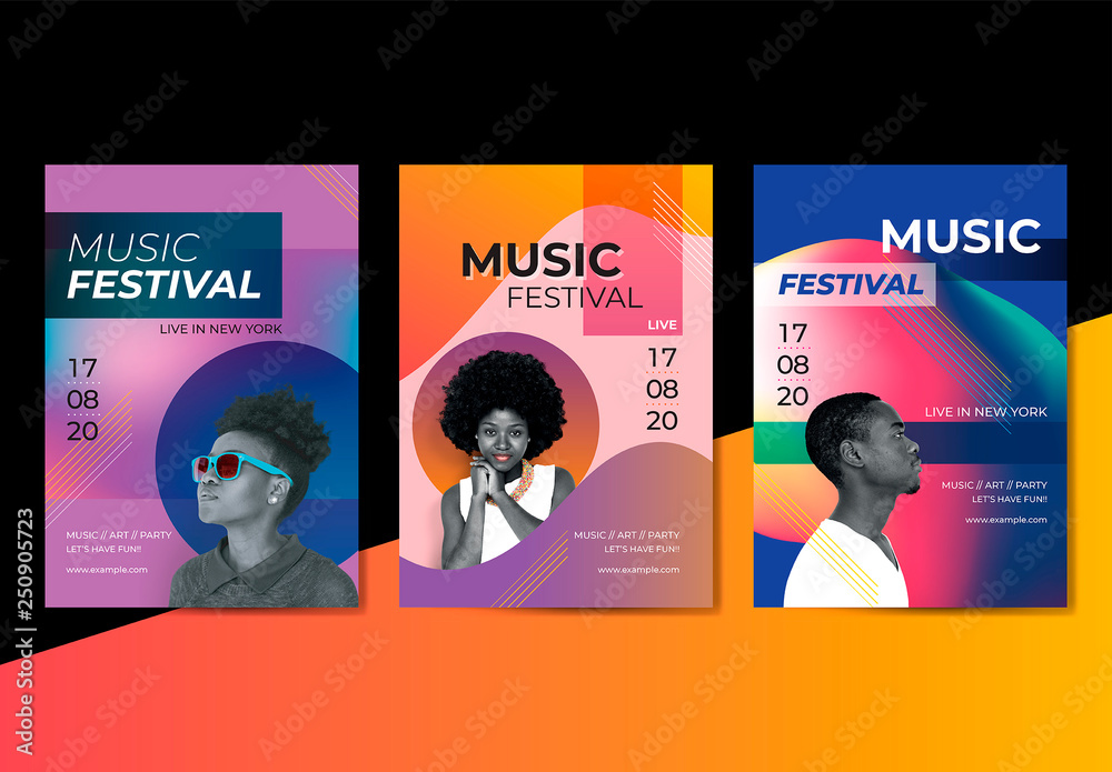 Colorful Music Festival Poster Layouts with Photos and Shapes Stock ...