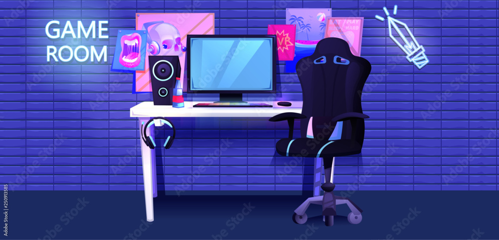 ESports interior banner. Workplace cyber sportsman gamer. A desk with a ...