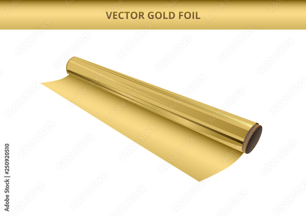 Vector illustration of open roll of shiny gold foil. Kitchen packaging ...