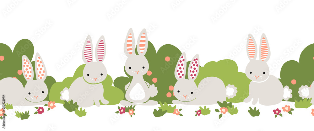 Bunny seamless vector border. Cute bunnies, flower bushes repeating ...