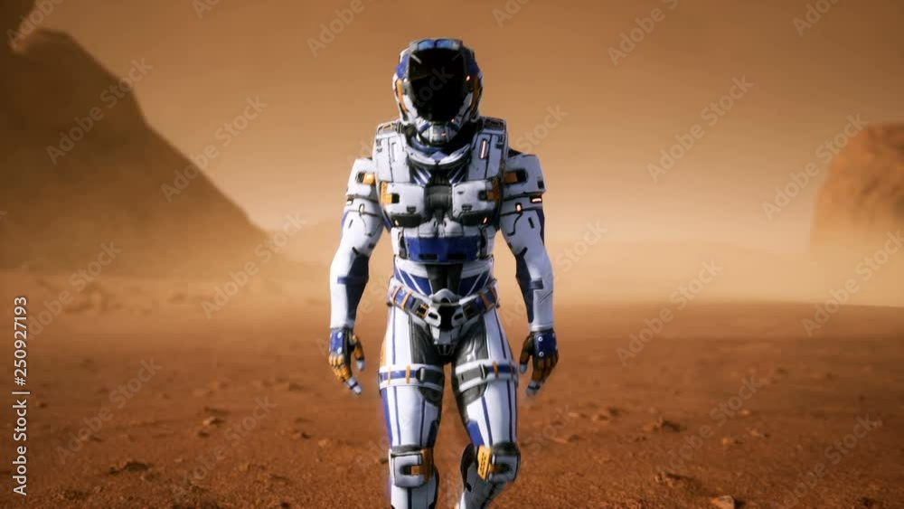 Vidéo Stock Astronaut walks on the surface of Mars through a dust storm ...