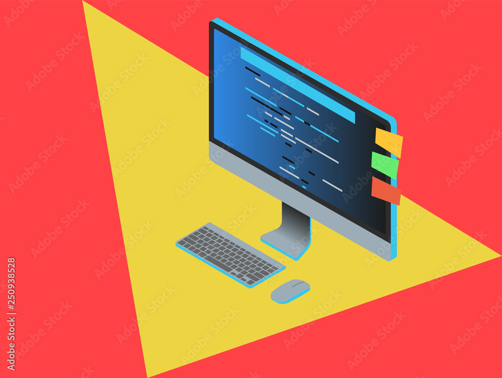 Cartoon desktop, personal computer, kayboard, computer mouse. Isometric ...