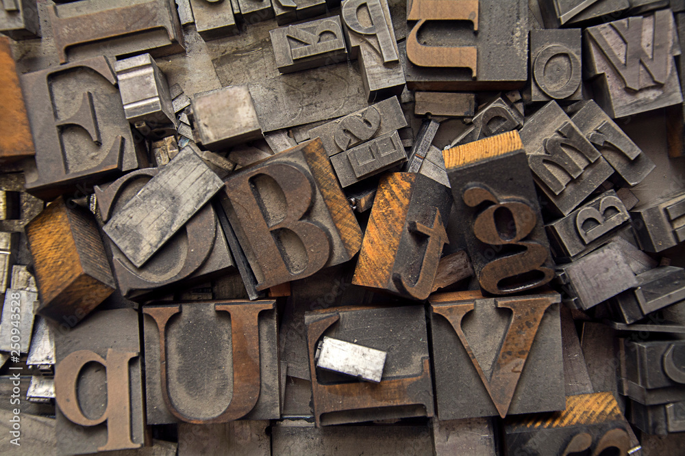 alphabet letter press background with old type lettering Stock Photo ...