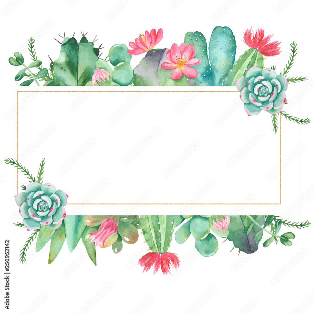 Watercolor banner with succulents, cacti and flowers. Great for ...