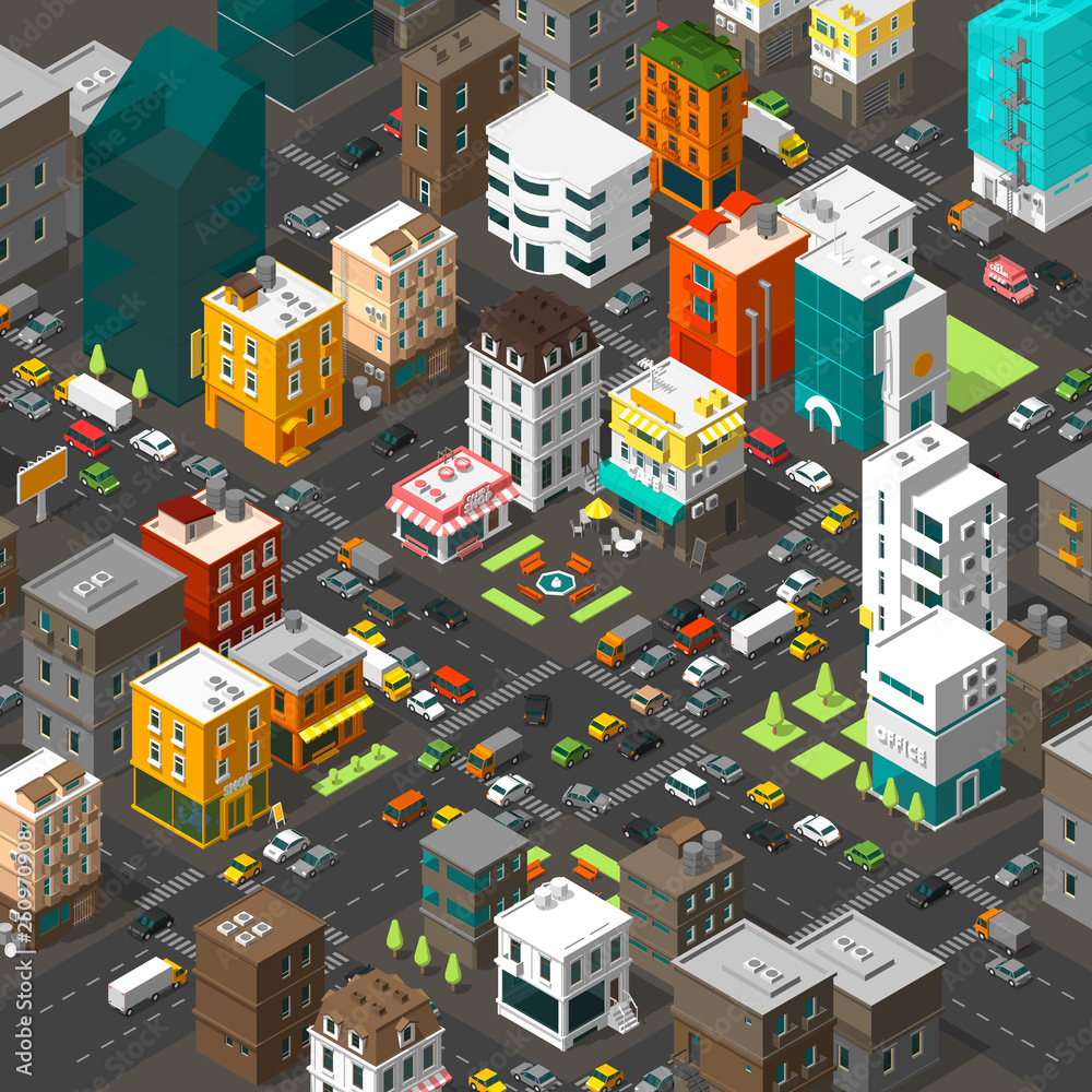 Vector isometric city. Cartoon town district. Street Intersection road ...