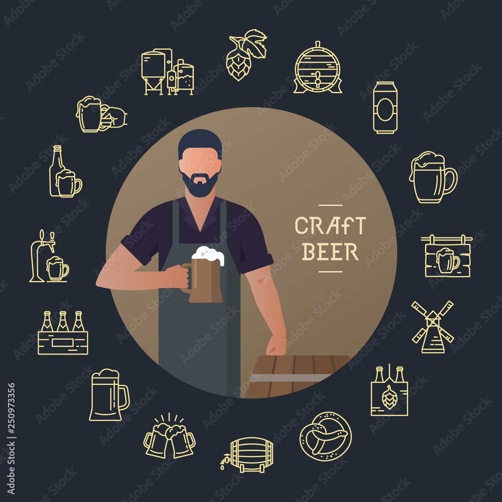 Brewer own brewery with a beer in the hand demonstrating near barrels ...