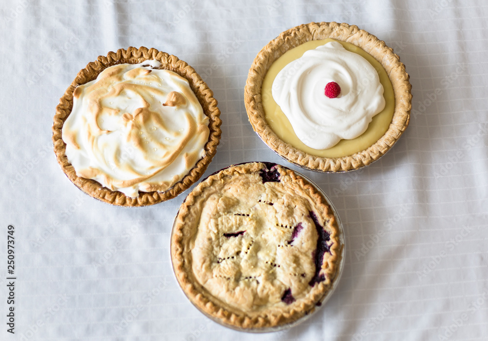 Assorted delicious whole Pies sitting on a table. A view of three ...