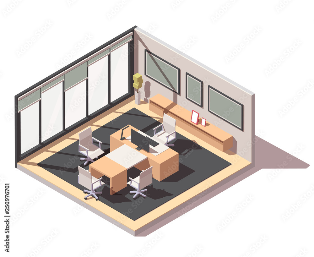 Vector isometric office room interior. With chief table, office chairs ...