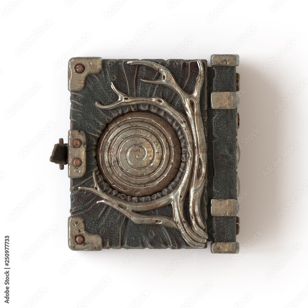 3d illustration of a dark leather grimoire. Vintage old magic book ...