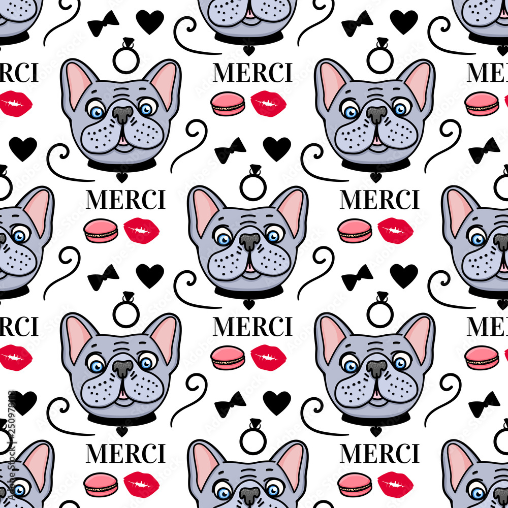 Cute dog french style Merci. Seamless surface design. Vector hand drawn ...