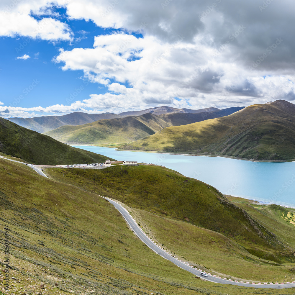 View of Yamdrok Lake (also known as Yamdrok Yumtso or Yamzho Yumco), it is a freshwater lake ...