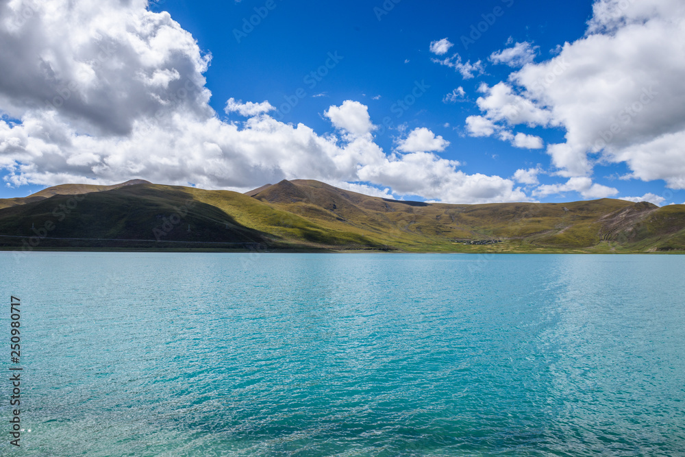View of Yamdrok Lake (also known as Yamdrok Yumtso or Yamzho Yumco), it is a freshwater lake ...