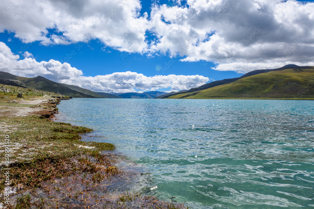 View of Yamdrok Lake (also known as Yamdrok Yumtso or Yamzho Yumco), it ...