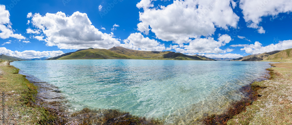 View of Yamdrok Lake (also known as Yamdrok Yumtso or Yamzho Yumco), it is a freshwater lake ...