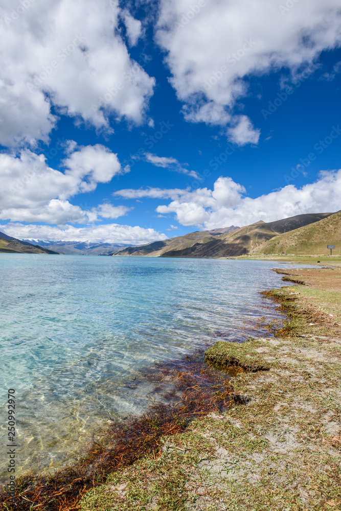 View of Yamdrok Lake (also known as Yamdrok Yumtso or Yamzho Yumco), it is a freshwater lake ...