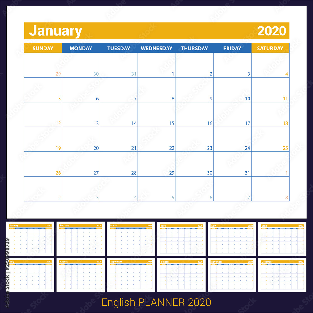 2020 calendar. English planner. Сolor vector template. Week starts on ...