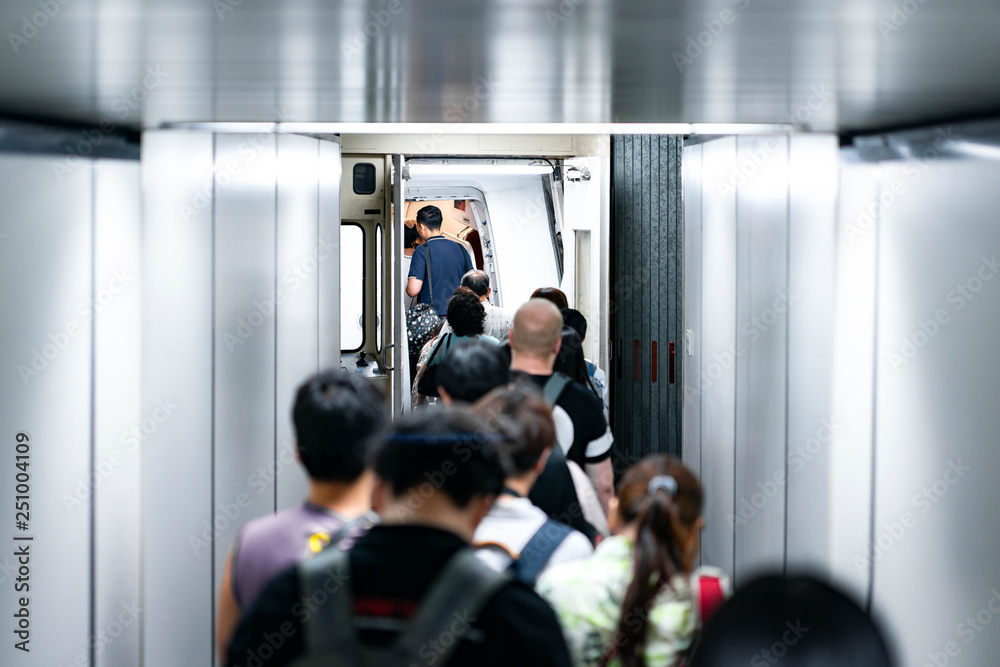 travelers, passenger walk into aircraft plane via tubeline dock, inside ...