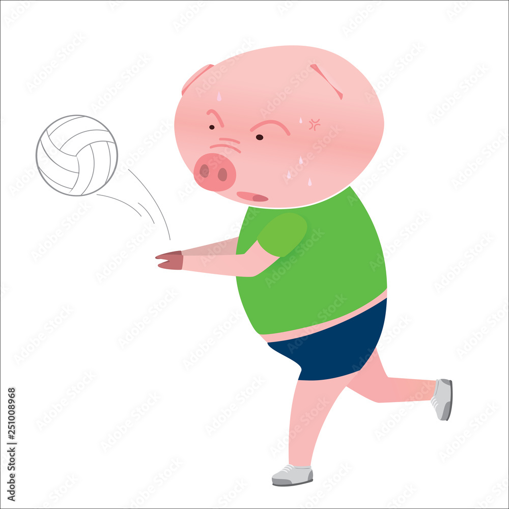 Vector pig cartoon character playing volleyball isolated on white ...