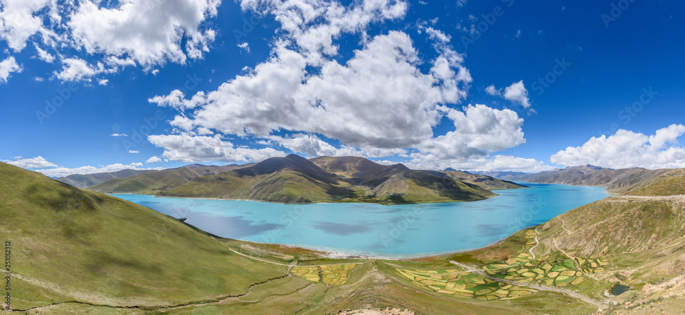 View of Yamdrok Lake (also known as Yamdrok Yumtso or Yamzho Yumco), it is a freshwater lake ...
