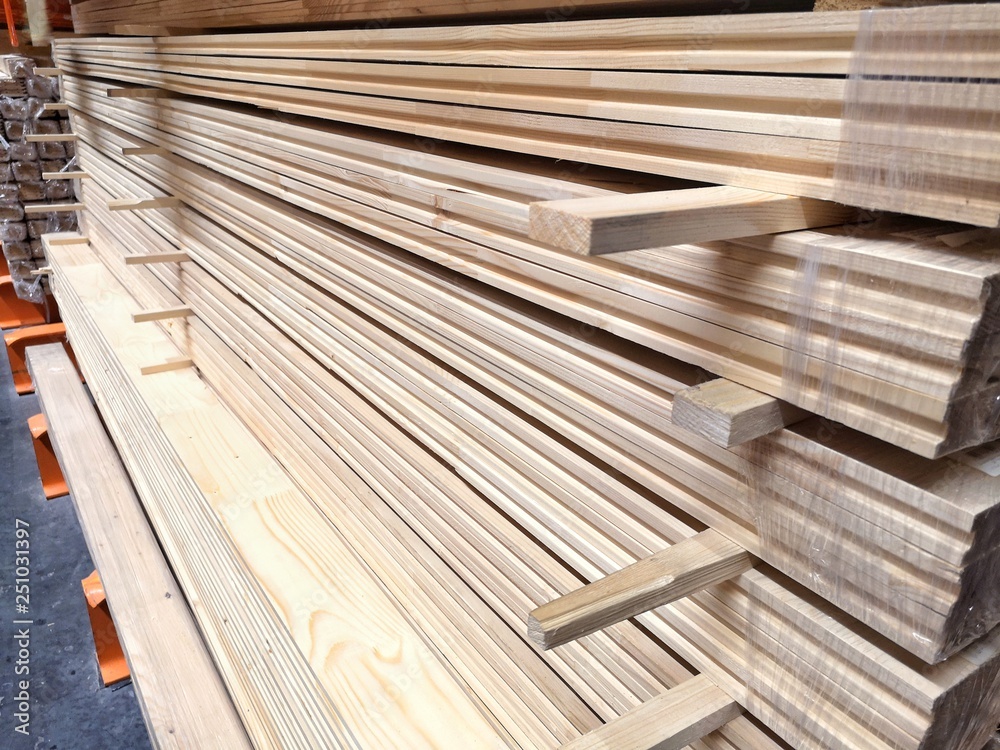 Natural wooden timber. Stack of wood planks. Lumber sawmill products ...