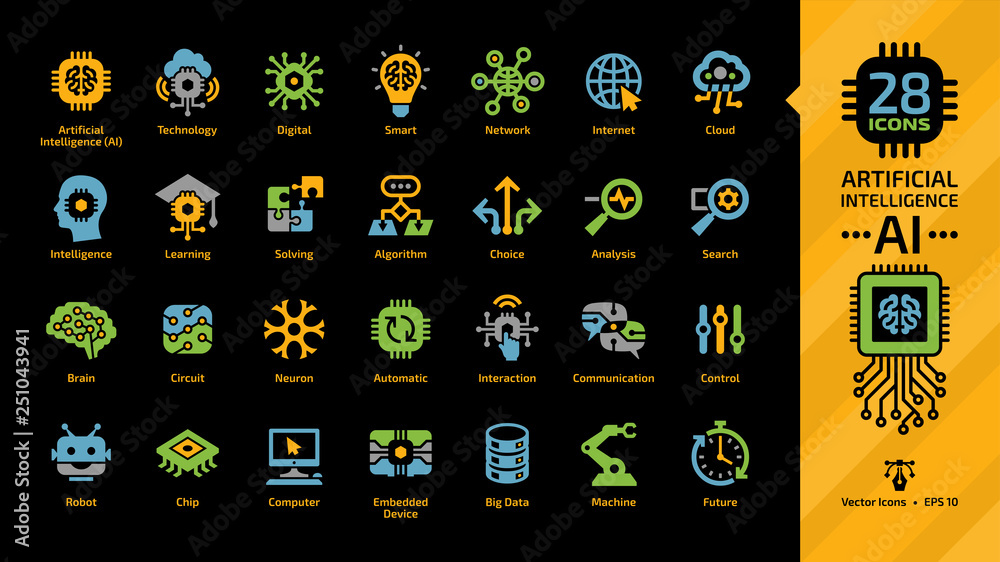 Vector artificial intelligence color icon set on a black background ...