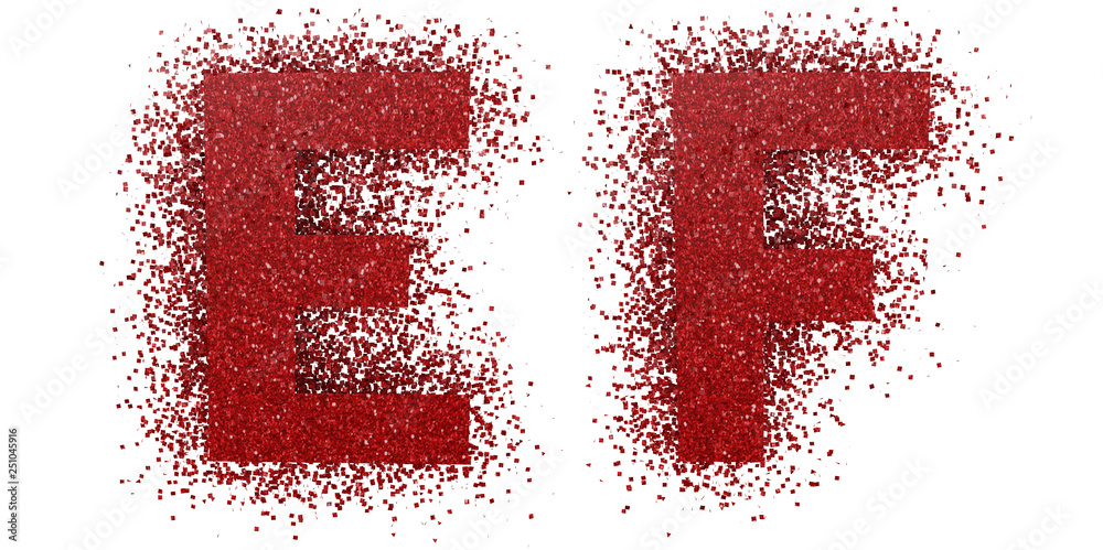 Glitter alphabet font. Bold letters red 3d render. Path save. Letters E ...