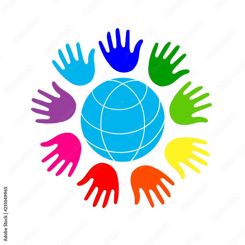 Color Hands Surrounding the Earth Globe. Unity, world peace. Isolated ...