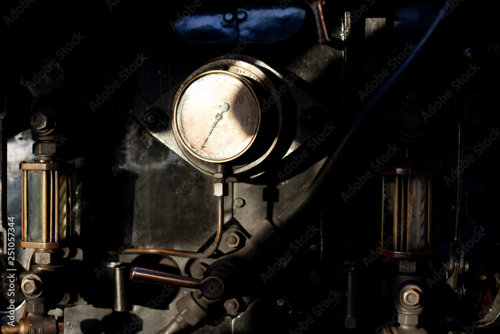Pressure gauge in engine room of old steam train Stock Photo | Adobe Stock
