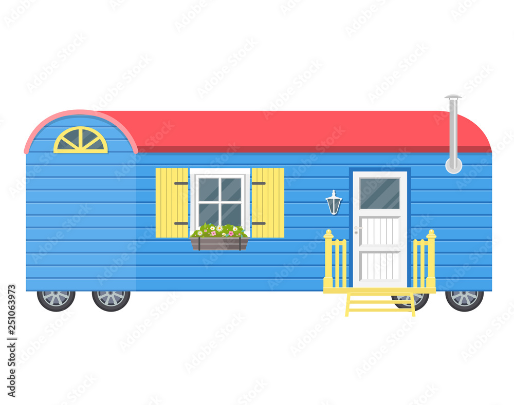 blauer Bauwagen Tiny House Holzhaus Flat Design isoliert auf weißem ...