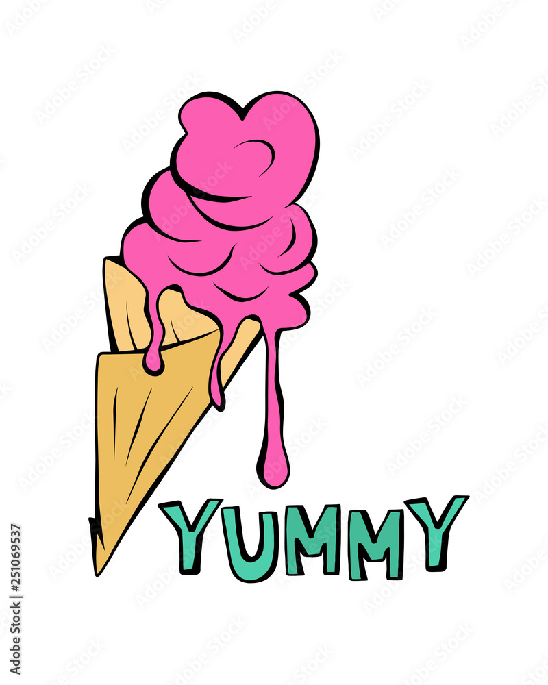 Cartoon style vector illustration of pink dripping ice cream with ...