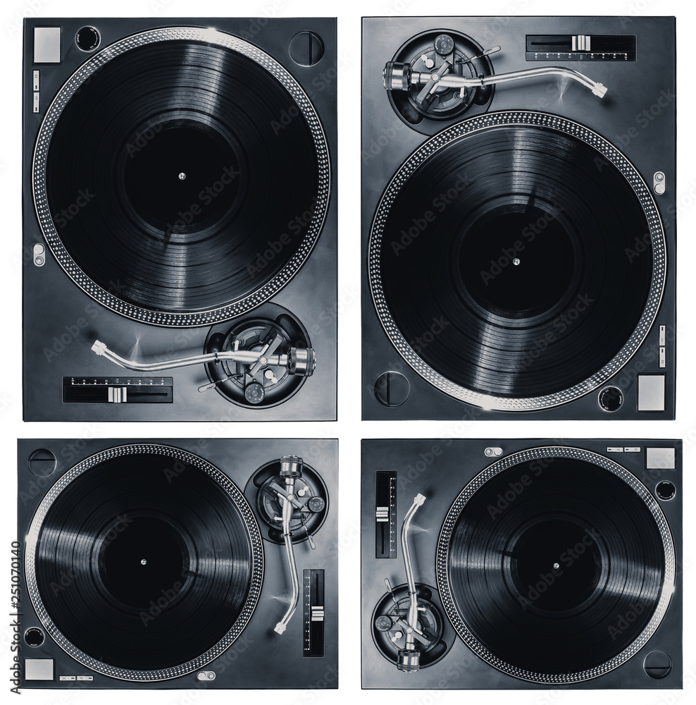 Professional dj turntables with black vinyl records isolated on white ...