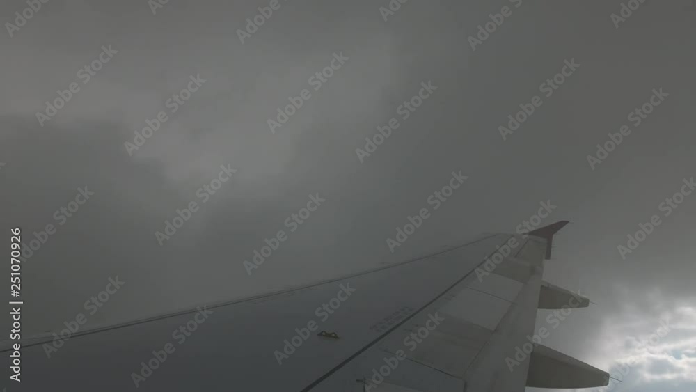 Severe turbulence when flying through thunderstorm clouds. Wing ...