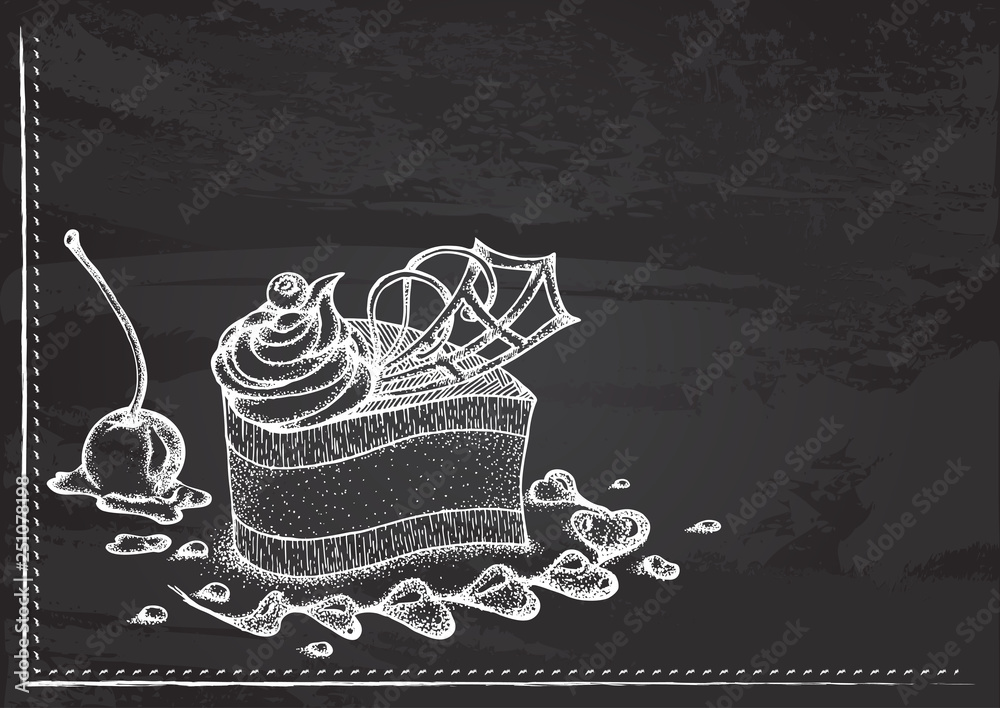Vector template with fruit cake with cream stylized as chalk drawing on ...