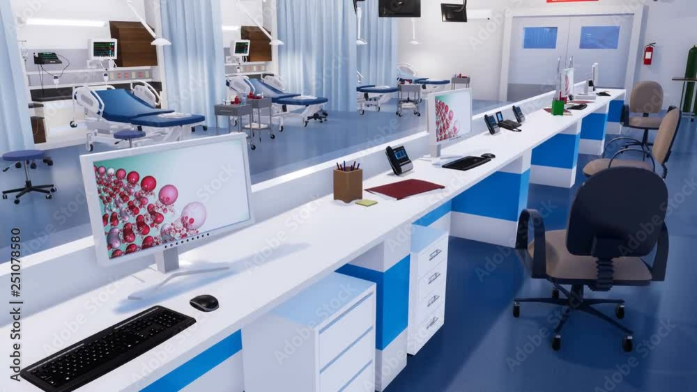 Video Stock Interior of modern emergency room with empty nurses station ...