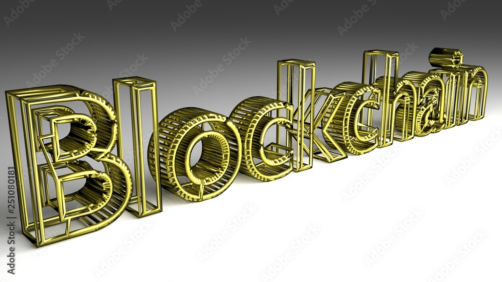 Blockchain sign in gold and glossy letters on a white background for an ...
