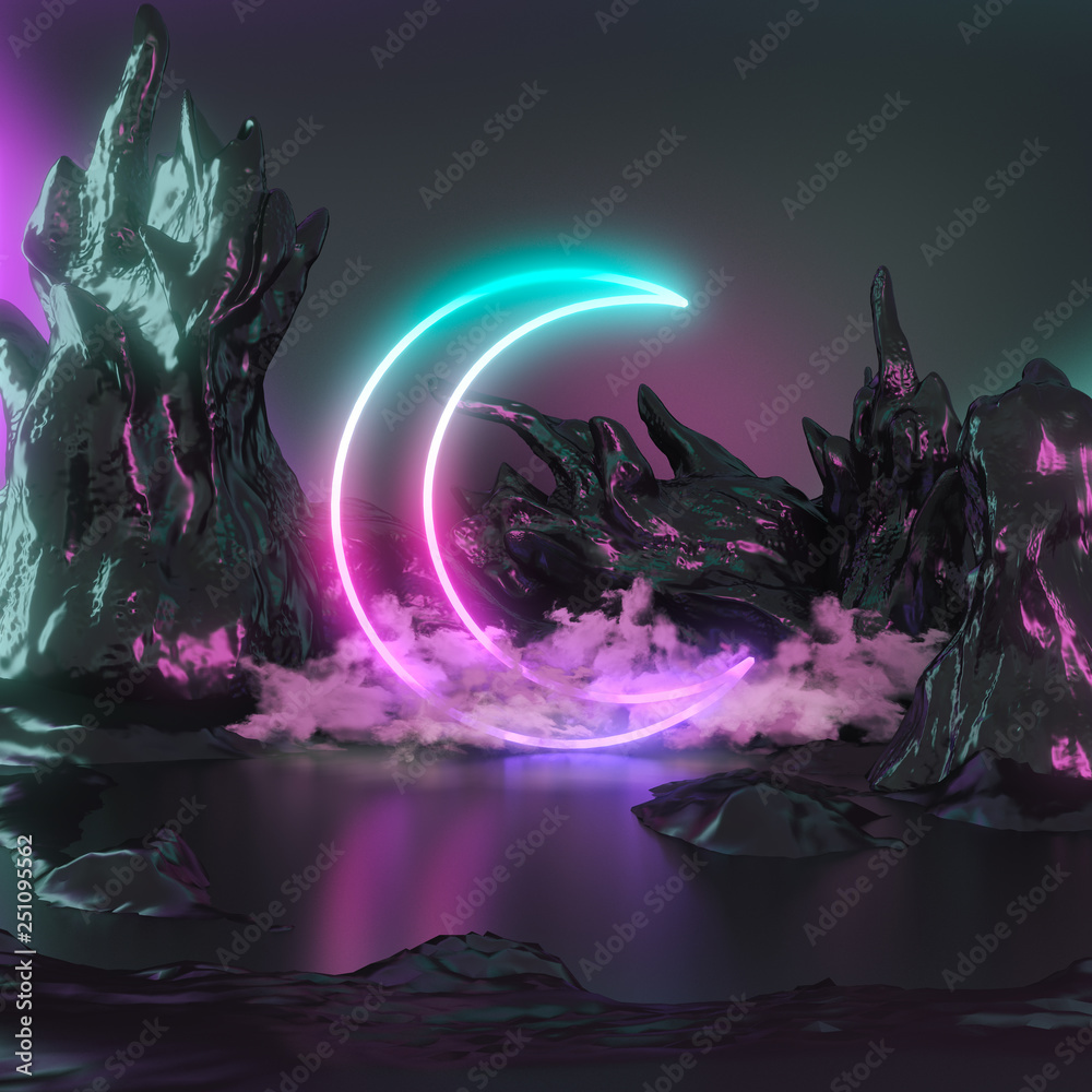 Crescent moon, pink blue neon lights, rendering illustration Stock ...