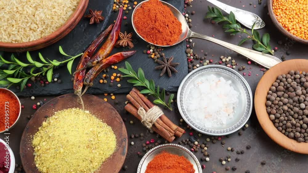 Spices and seasonings for cooking in the composition on the table Stock ...