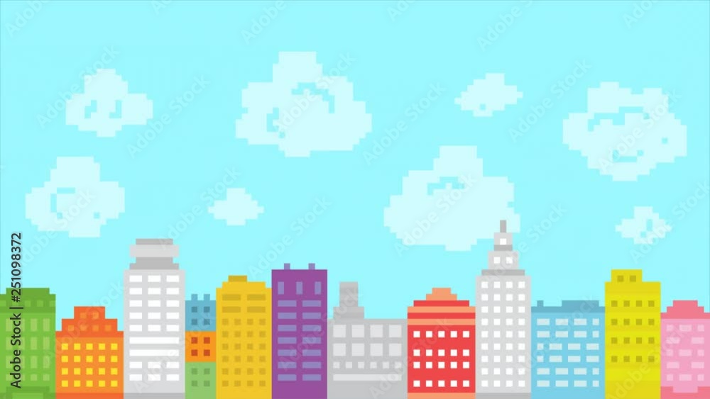 Pixel art style city with animated clouds. Retro game buildings ...