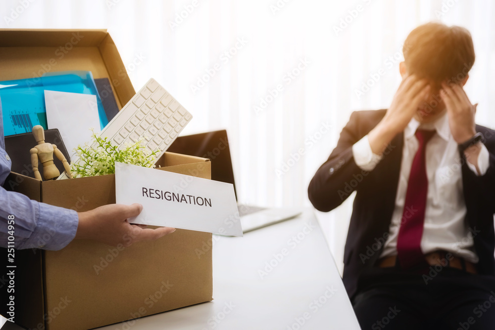 Business woman sending letter for resignation to worried boss. Sad ...