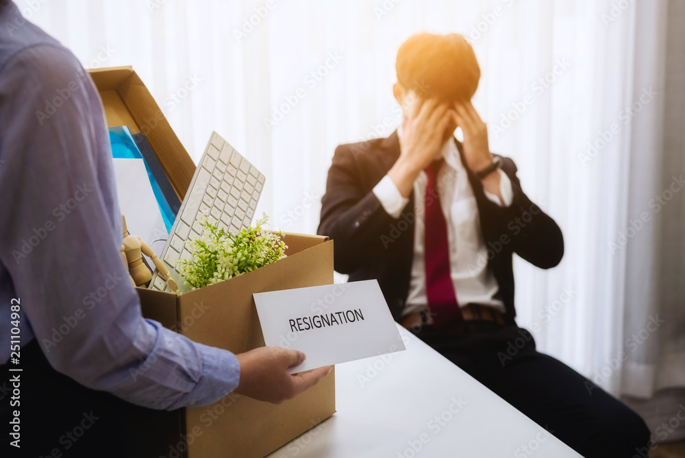 Business woman sending letter for resignation to worried boss. Sad ...