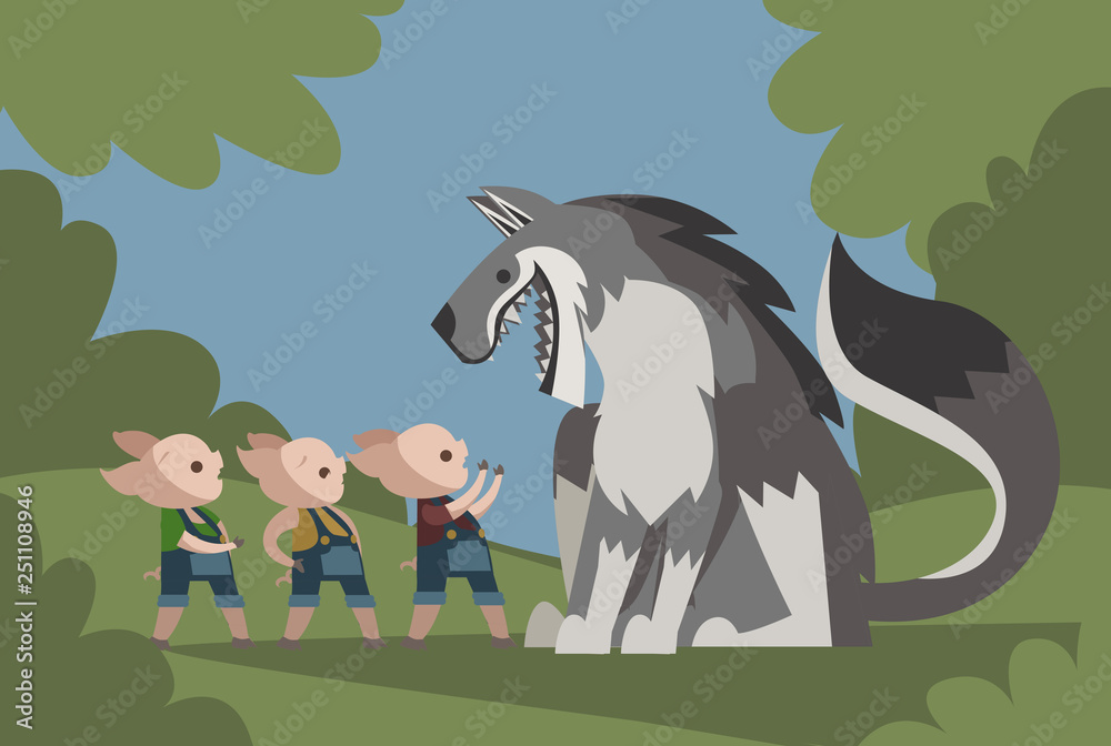 three little pigs with big bad wolf Stock Vector | Adobe Stock