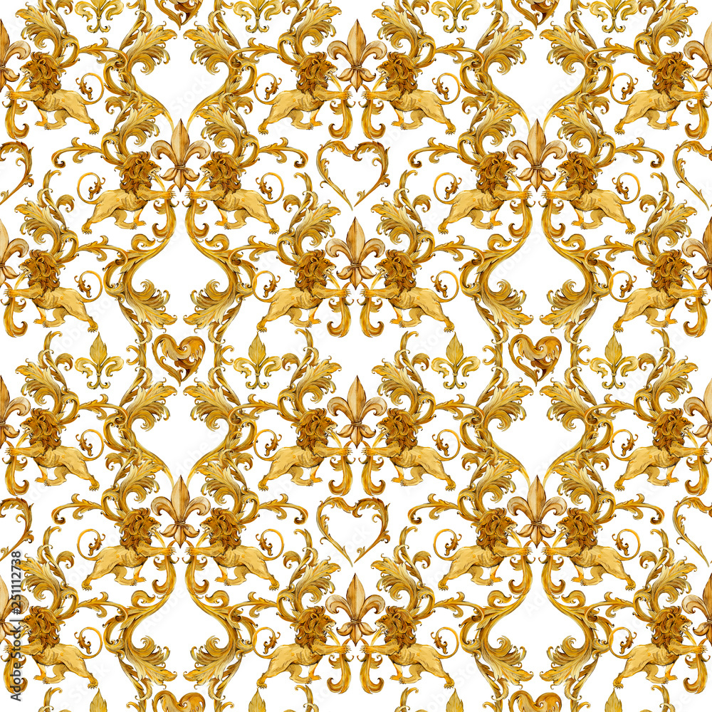 gold chains damask seamless luxury design. golden Lions pattern ...
