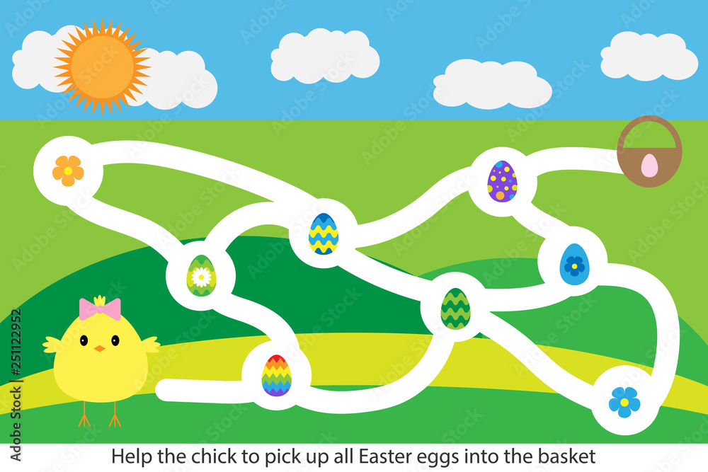 Vetor de Easter labyrinth maze game, help the chick to pick up all eggs ...