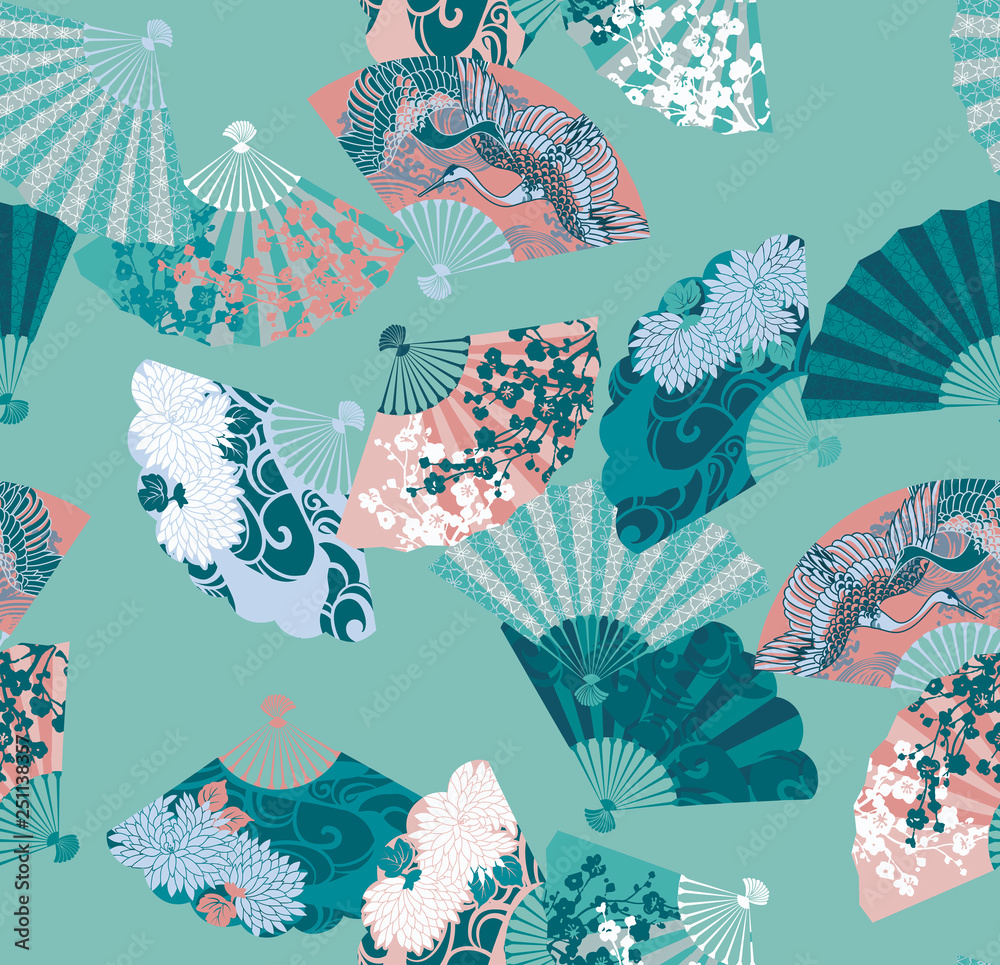 Japanese fan pattern with a picture of chrysanthemums and cranes ...