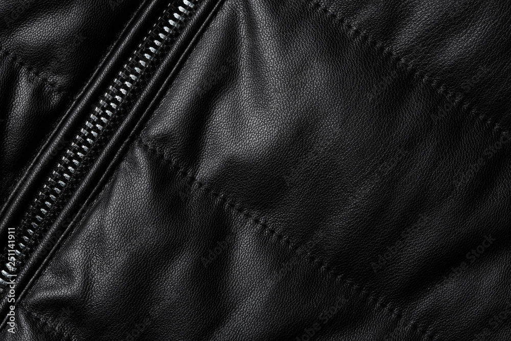 Black leather texture closeup as background. Jacket leather fabric ...