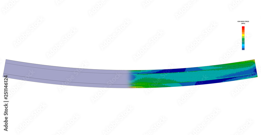 3D Illustration. Side view of a Von Mises stress plot and CAD model ...