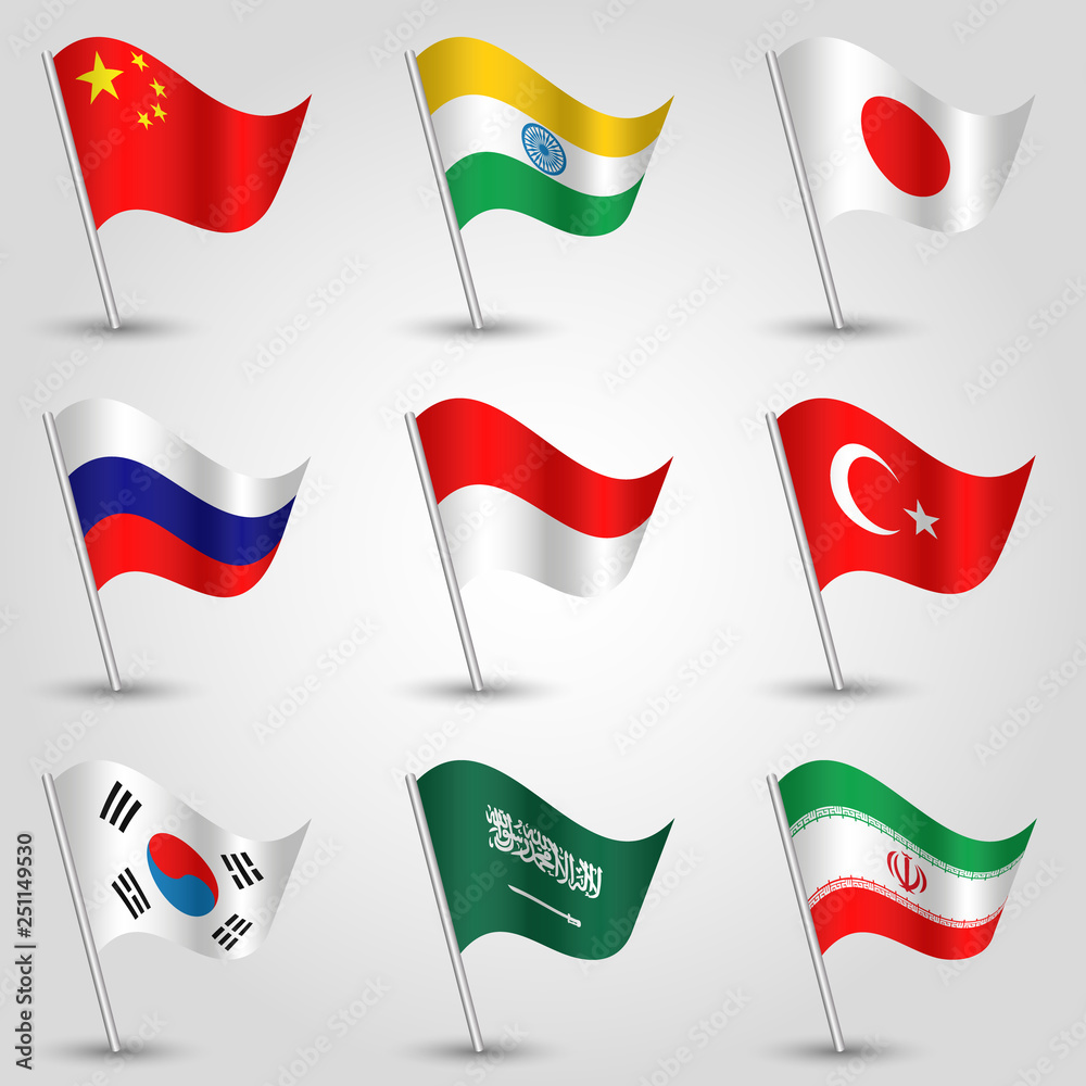 vector set of waving flags countries with largest economies on silver ...