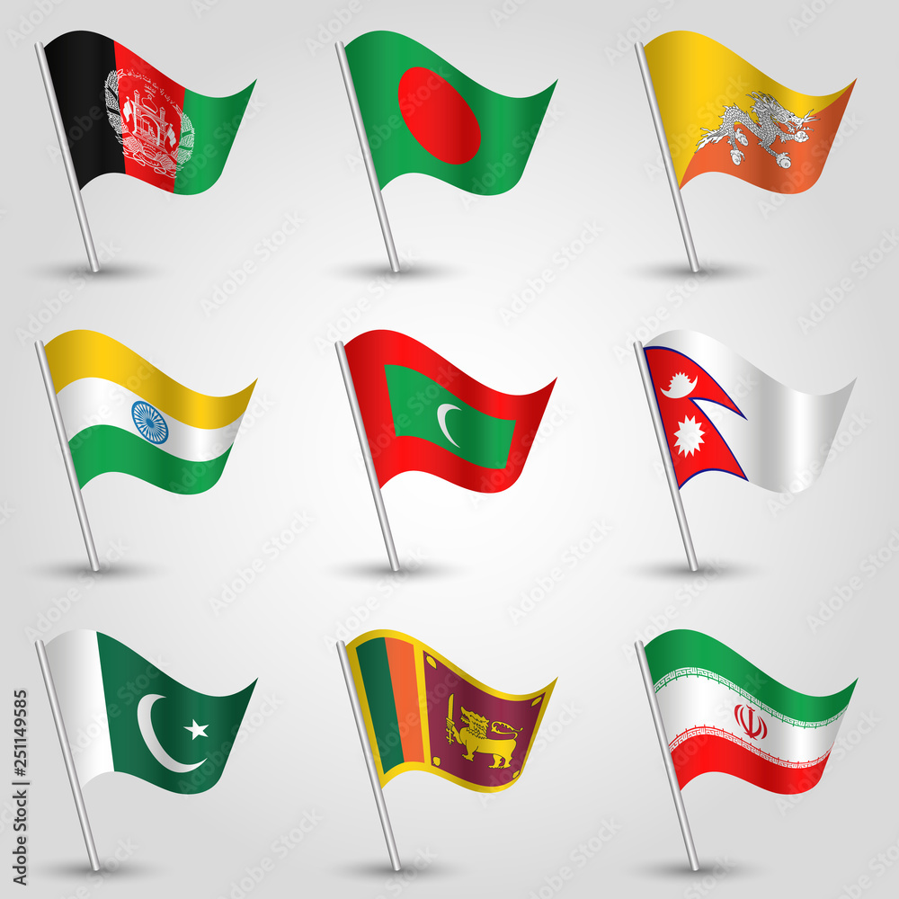 vector set of waving flags countries of south asia on silver pole ...