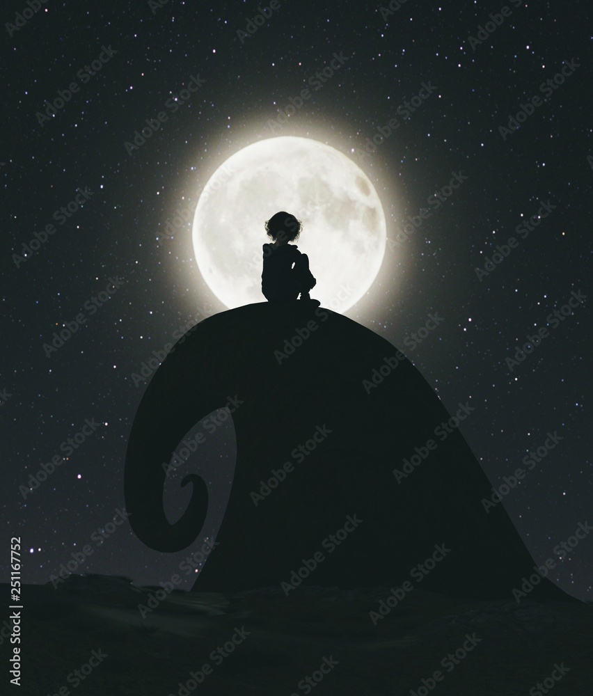 Lonely girl sitting alone on the cliff and looking to the moon,3d rendering Stock Illustration ...